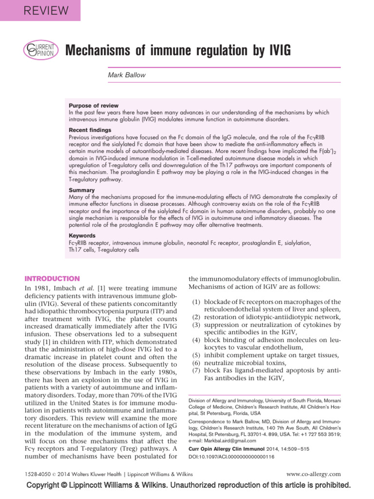 2014 Mechanisms of Immune Regulation by IVIG | PDF | Immunoglobulin G ...