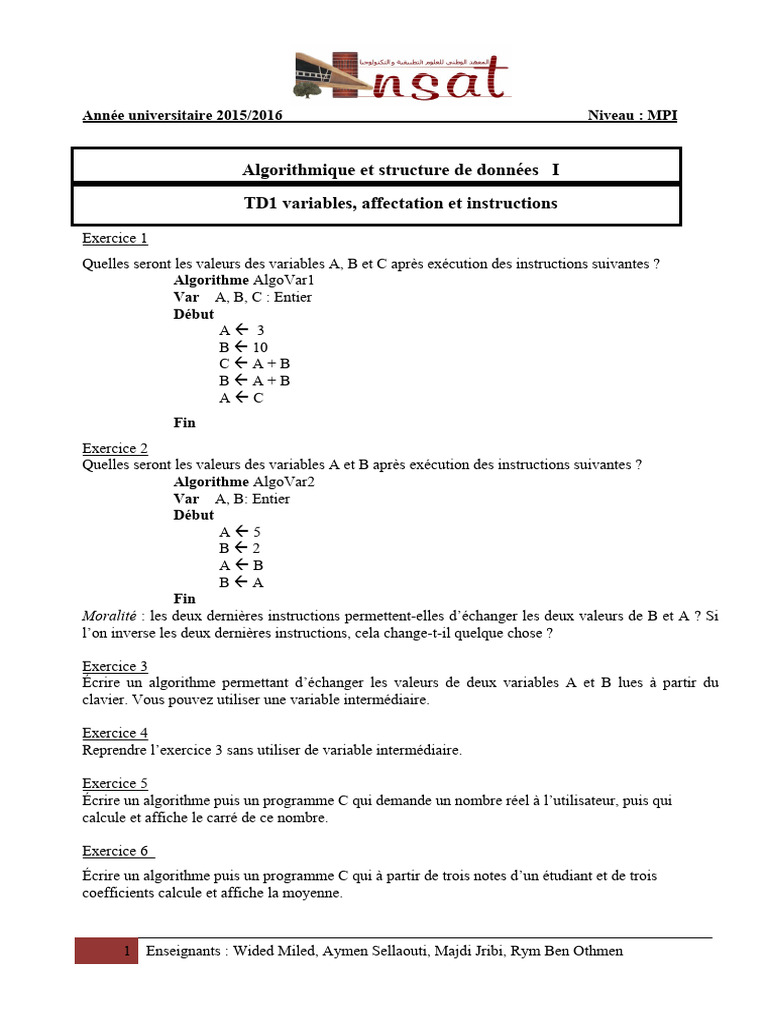 TD 1 Variables Affectations Et Instructions | PDF | Mathématiques