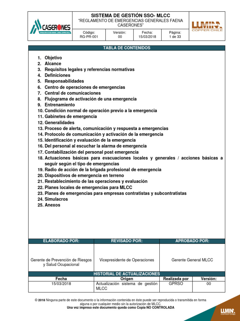 Reglamento de Emergencias Generales Faena Caserones - 15.03.2018 | PDF ...