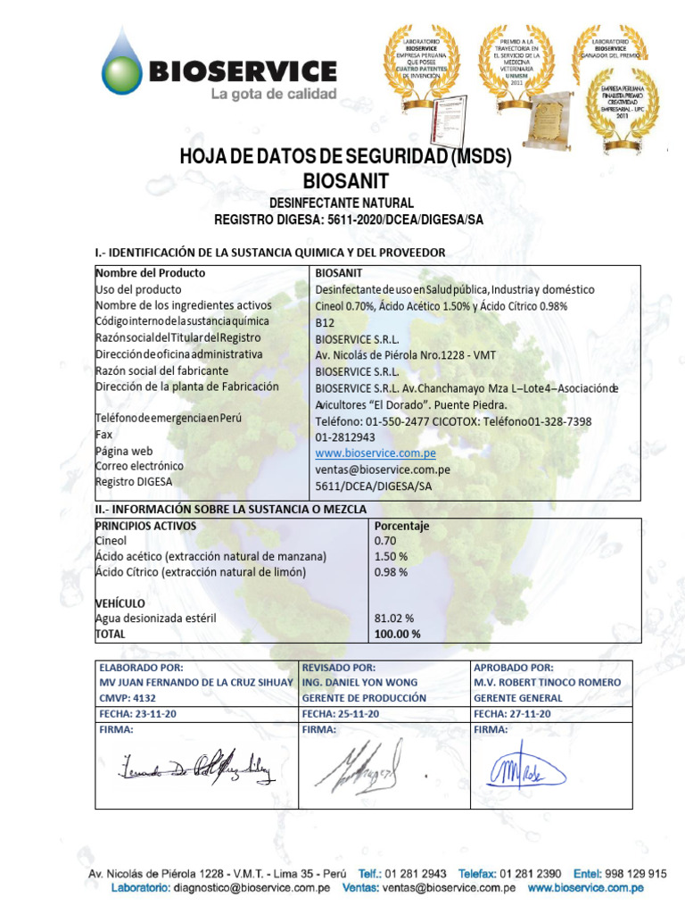 HOJA DE SEGURIDAD - BIOSANIT DIGESA | PDF | Agua | Toxicidad
