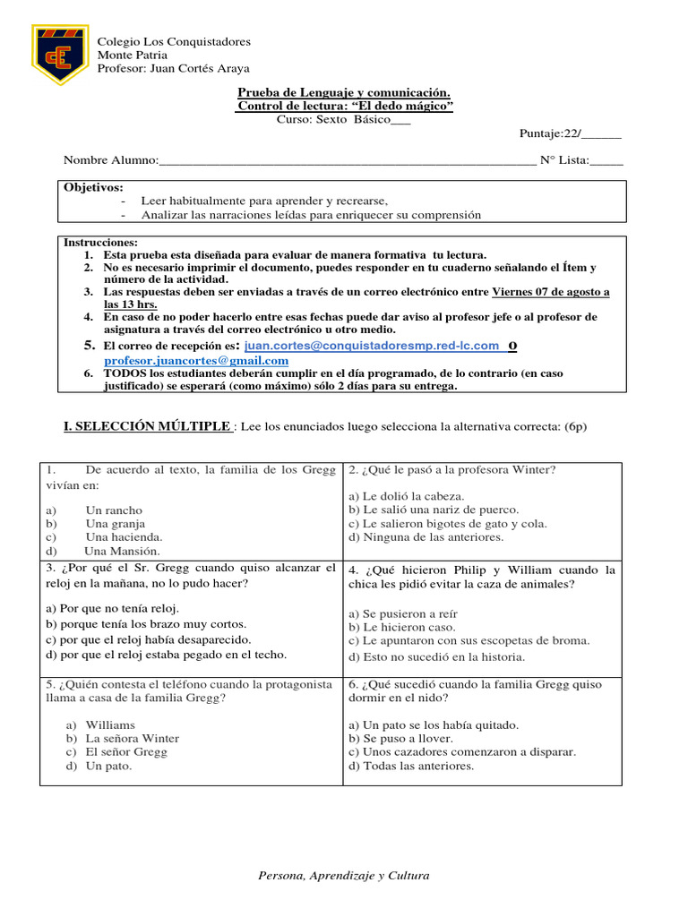 Prueba 6° - El Dedo Mágico | PDF