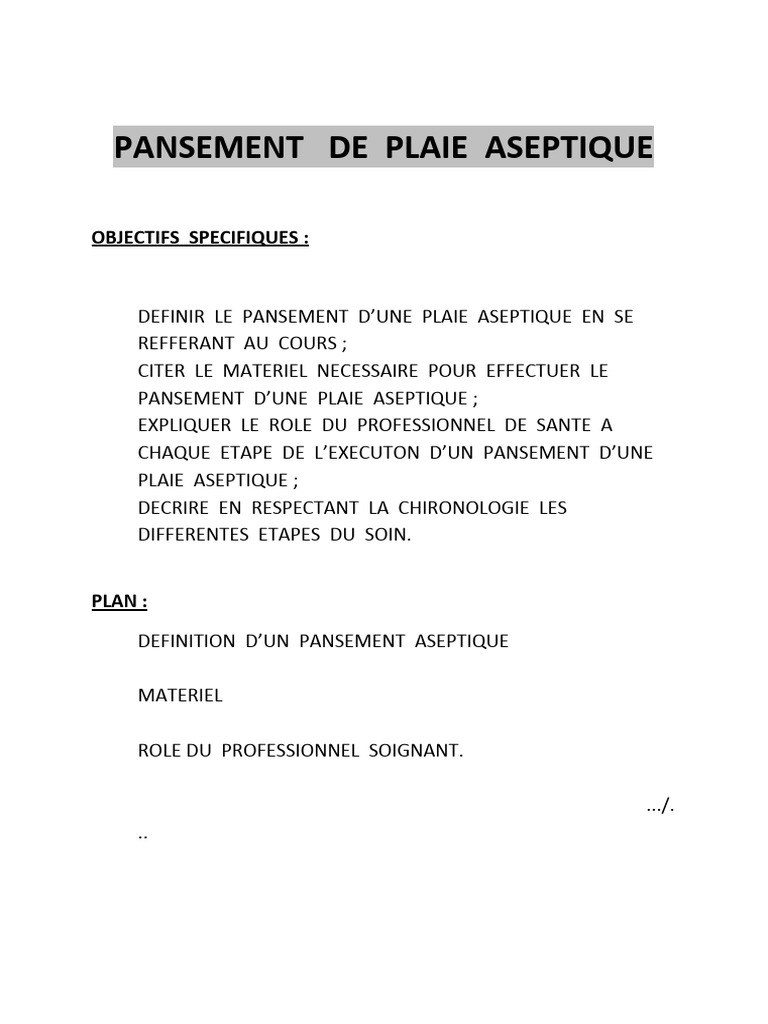 Pansement de Plaie Aseptique : Guide Pratique | PDF