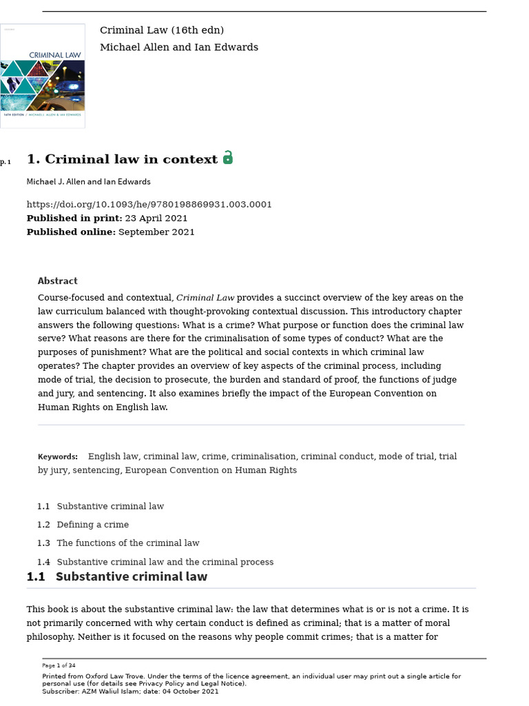Allen-1. Criminal Law in Context | Download Free PDF | Crimes | Crime & Violence