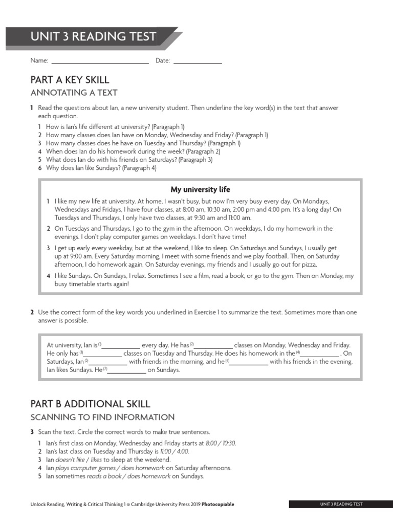 Unlock 2e RW1 Tests Unit 03 | PDF | Workweek And Weekend | Verb