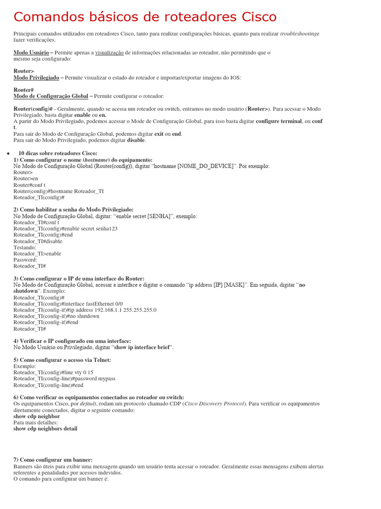 Comandos Essenciais para Roteadores Cisco | PDF | Comutador de rede | Roteador (informática)