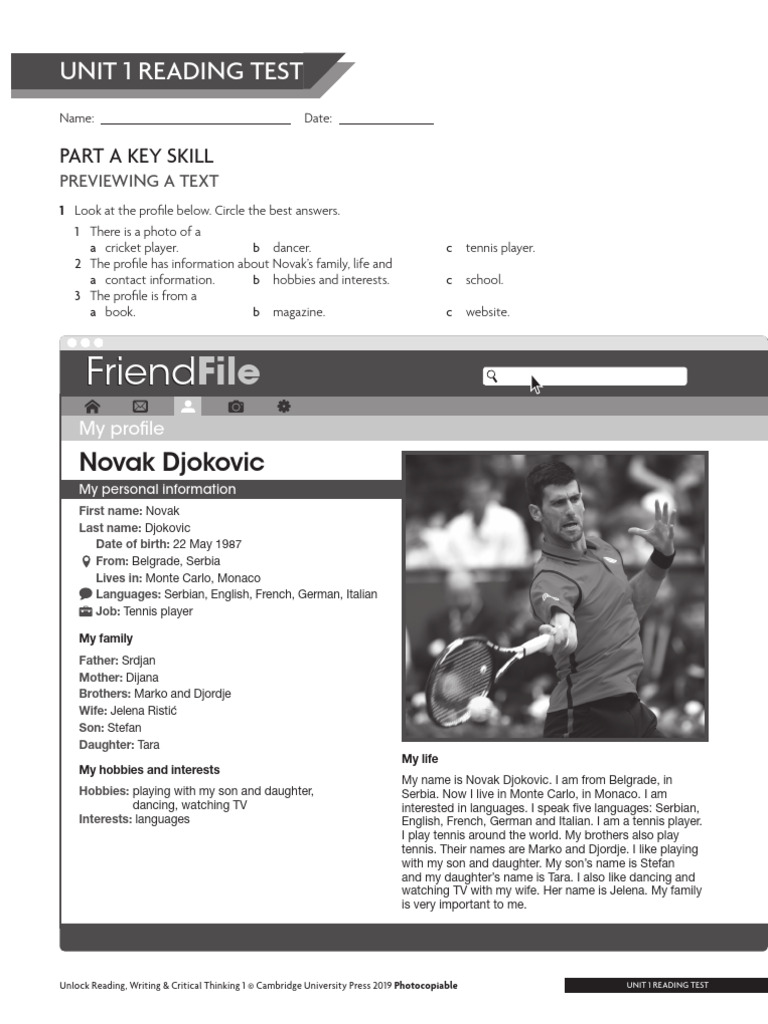Unlock 2e RW1 Tests Unit 01 | PDF | Noun | Grammatical Number