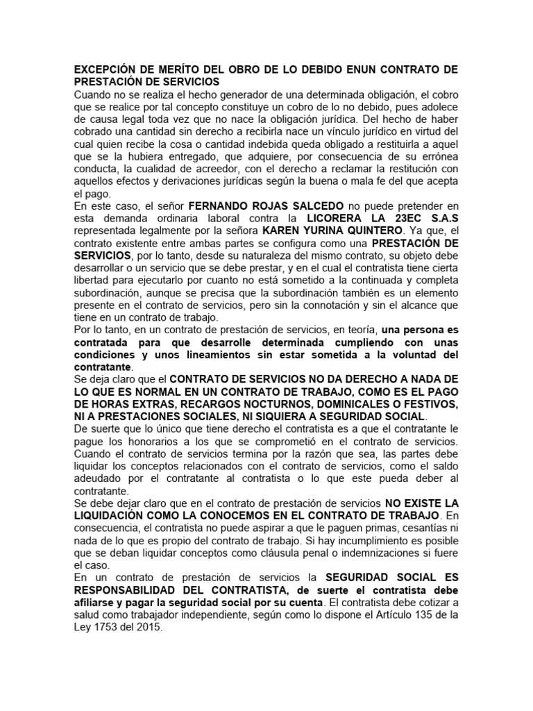EXCEPCIÓN DE MERÍTO DEL OBRO DE LO DEBIDO ENUN CONTRATO DE PRESTACIÓN ...