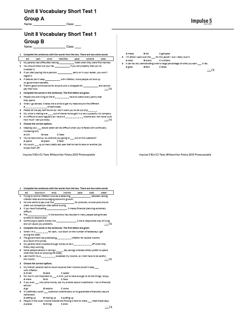 Unit 8 Vocabulary Short Test 1 A+B | PDF | Inflation | Pension