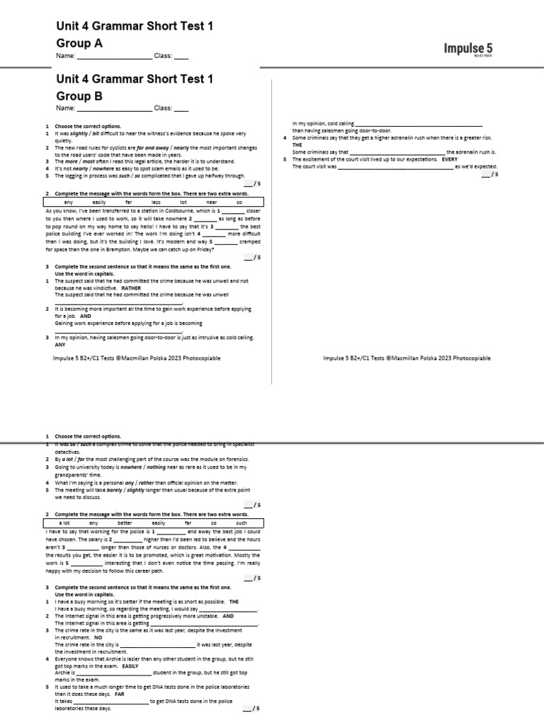 Unit 4 Grammar Short Test 1 | PDF