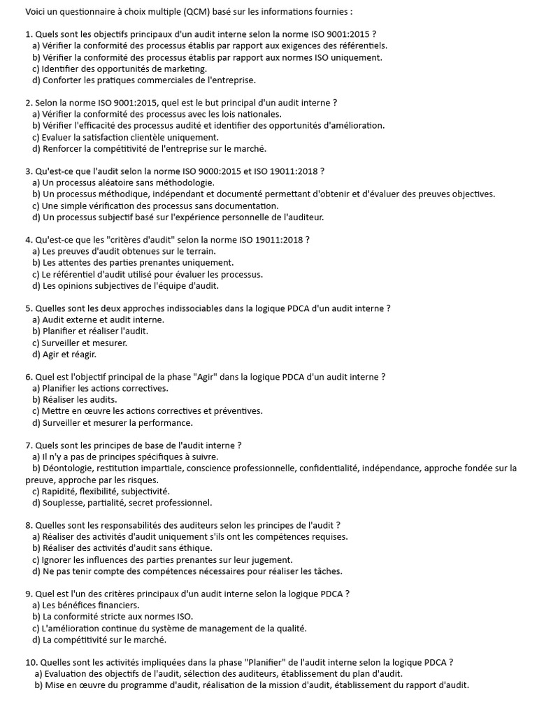 QCM sur l'audit interne ISO 9001:2015 | PDF | Audit | Système de ...