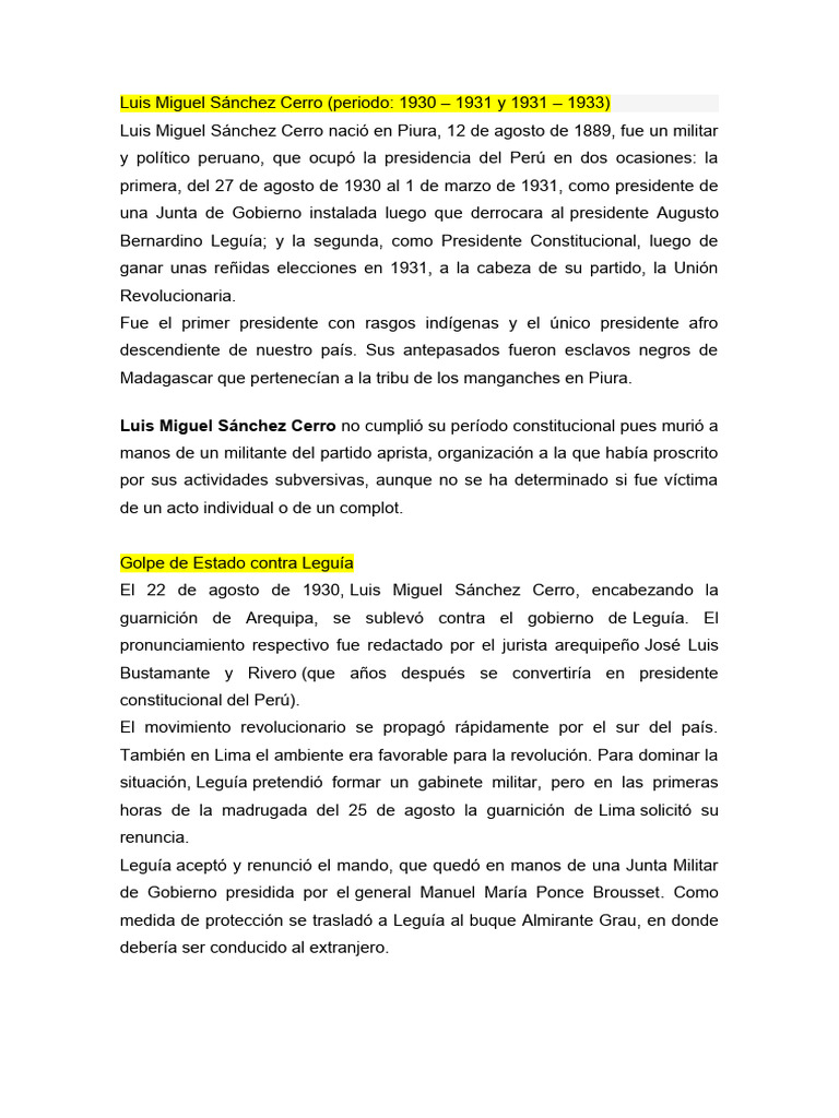 Luis Miguel Sánchez Cerro 1930-1933 | PDF | Perú