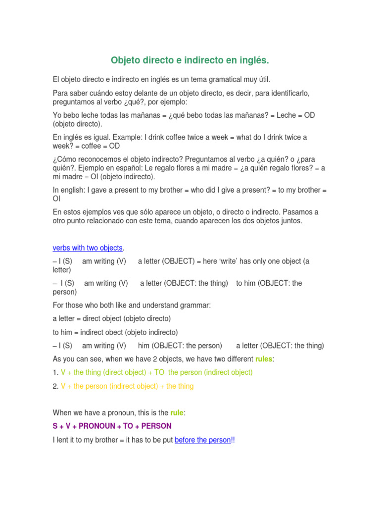 Objetos Directos e Indirectos en Inglés | PDF | Objeto (gramática ...