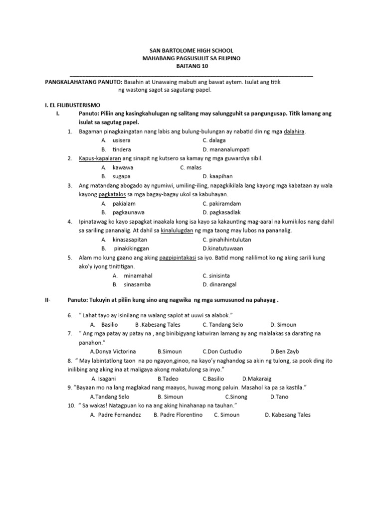 Mhabang Pagsusulit Sa El Filibusterismo | PDF Mhabang Pagsusulit Sa El Filibusterismo | PDF