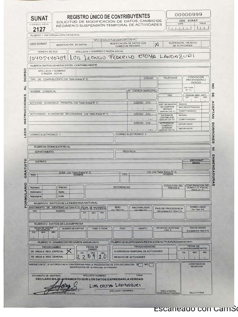 Formulario 2127 - MODELO DE LLENADO | PDF