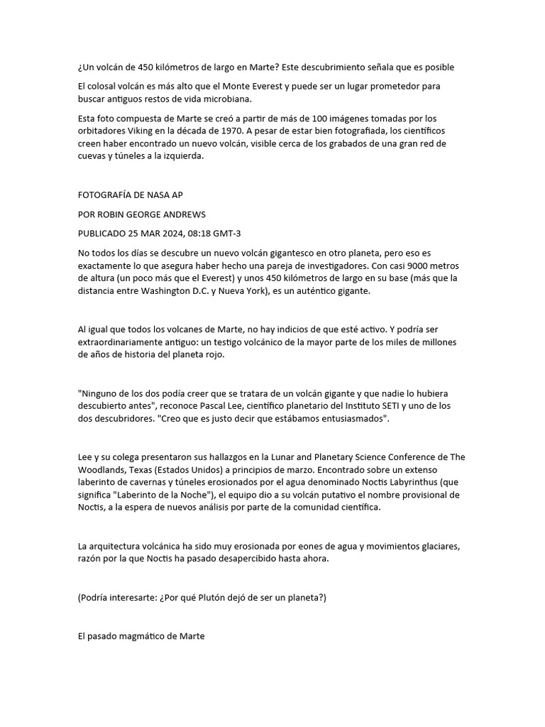 Un Volcán de 450 Kilómetros de Largo en Marte | PDF | Marte | Volcán