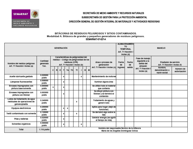 X8 Formato de Bitacora de Almacenamiento | PDF | Residuos | Contaminación