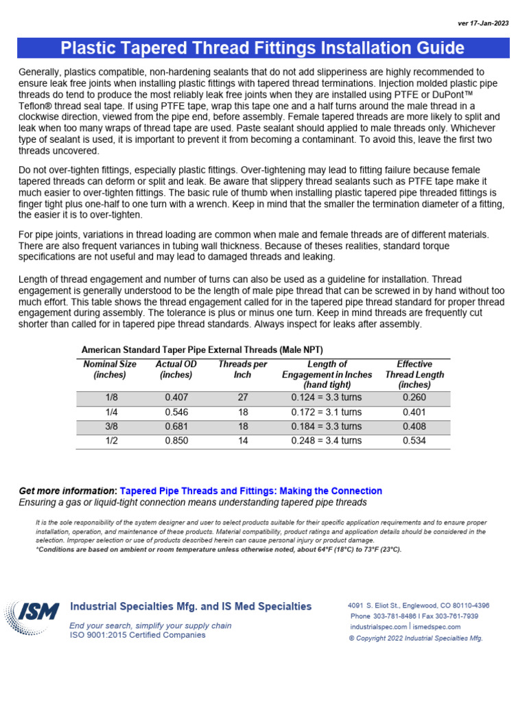 Plastic Tapered Thread Fittings Installation Guide From Ism | PDF ...