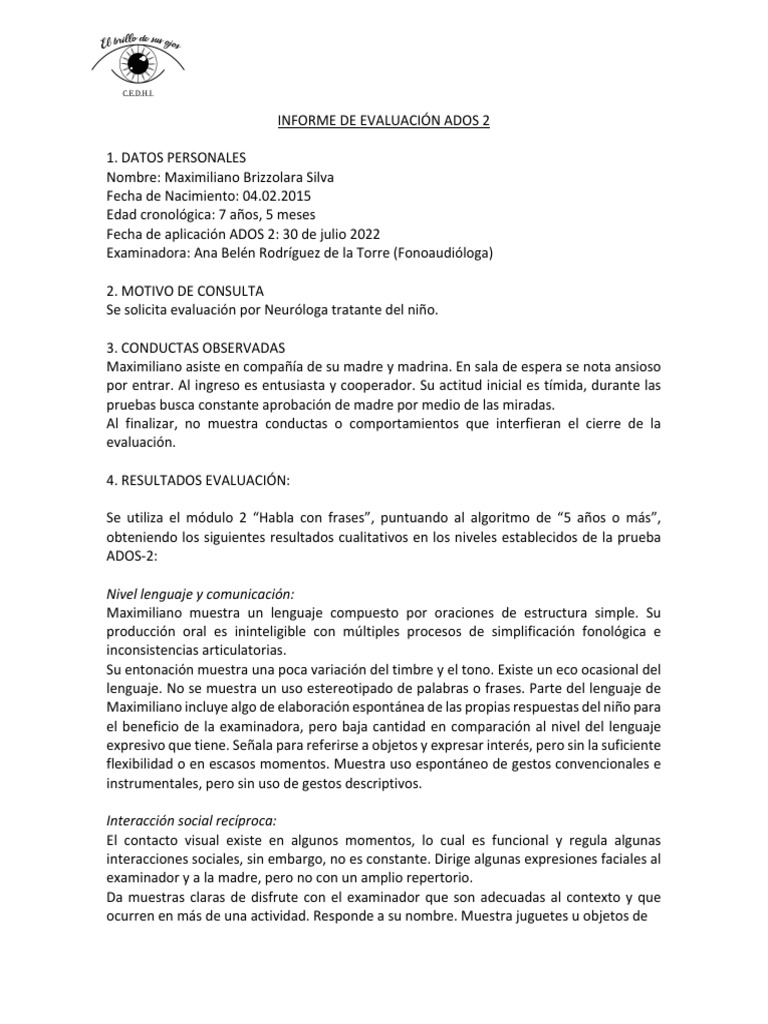 INFORME DE EVALUACIÓN ADOS 2 Maximiliano Brizzolara Silva | PDF ...
