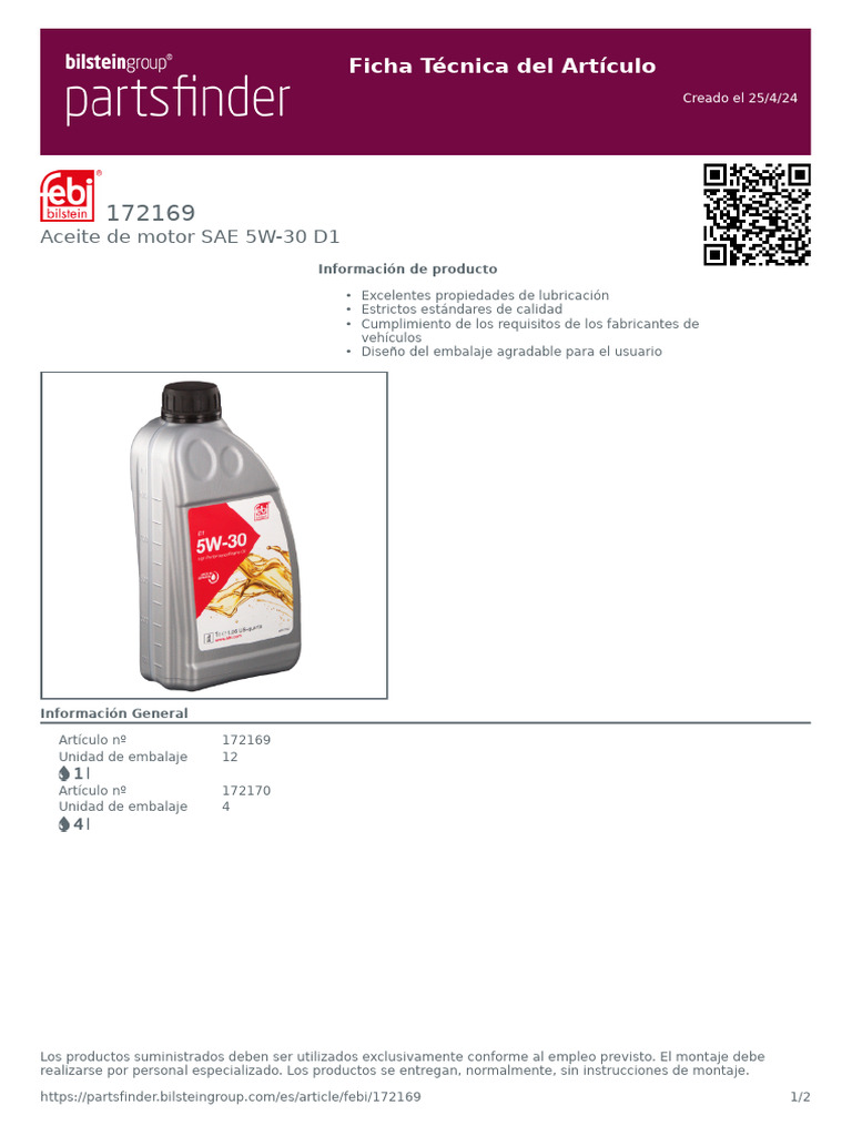 Ficha Técnica Aceite 5W-30 Febi 172169 | PDF | Aceite de motor | Coche