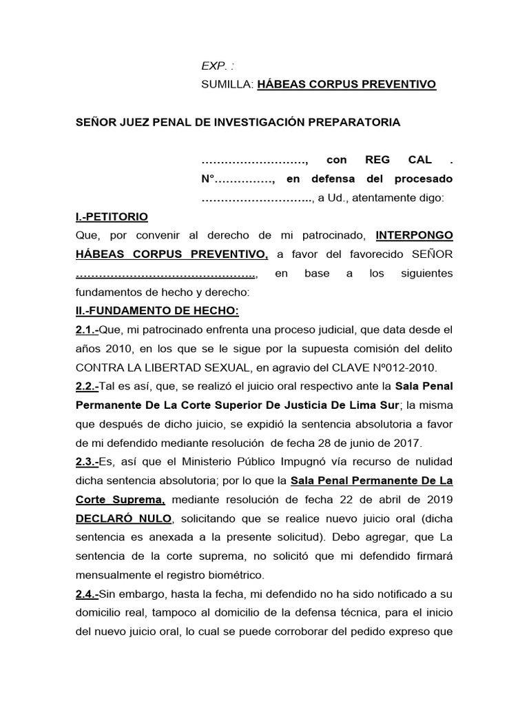 HABEAS CORPUS PREVENTIVO | PDF | Habeas corpus | Sentencia (ley)