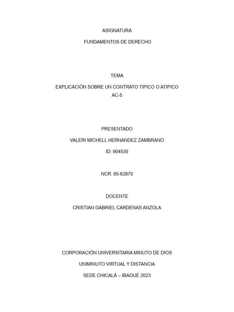 Unidad 5. Explicacion de Un Contrato Tipico o Atipico | PDF | Economias ...