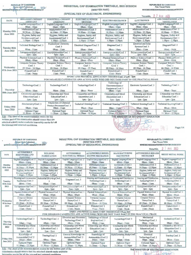 Industrial CAP Examination Timetable 2023 Session | PDF