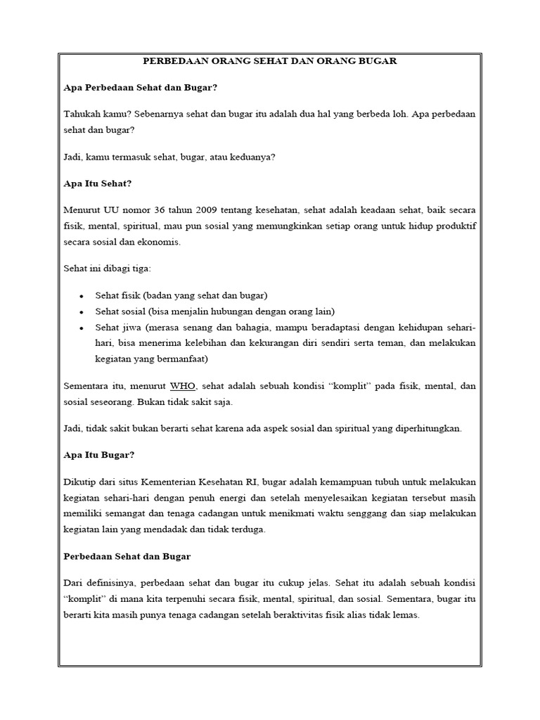 Perbedaan Orang Sehat Dan Orang Bugar | PDF