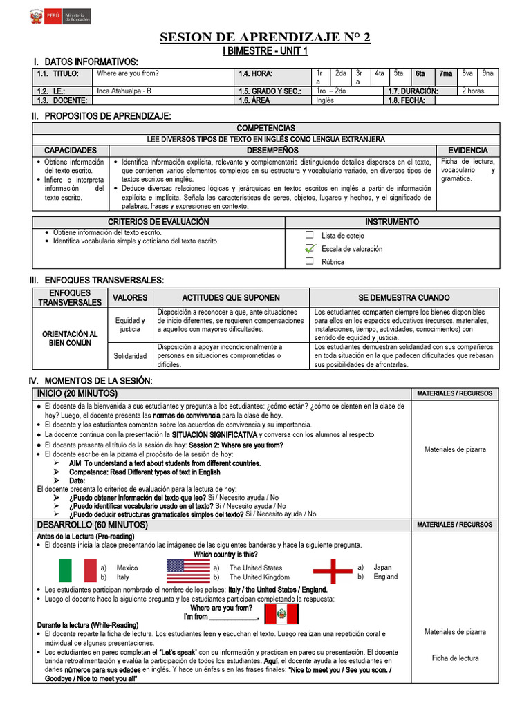 Sesion de Aprendizaje N°2 - 2023 - Ciclo Vi - Unit 1 | PDF | Aprendizaje | Cognición