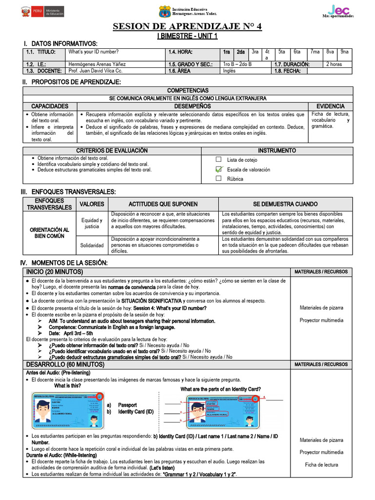 Sesion de Aprendizaje N°4 - 2023 - Ciclo Vi - Unit 1 | PDF | Conceptos psicologicos ...