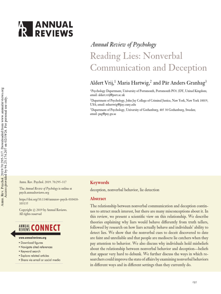 Vrij Et Al 2019 Reading Lies Nonverbal Communication and Deception | PDF | Deception | Nonverbal ...