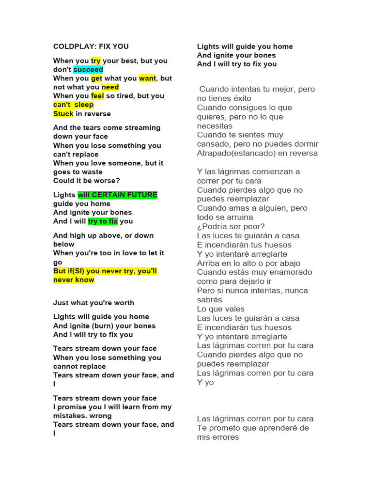 Letra de "Fix You" de Coldplay | PDF | Canciones pop | Individual