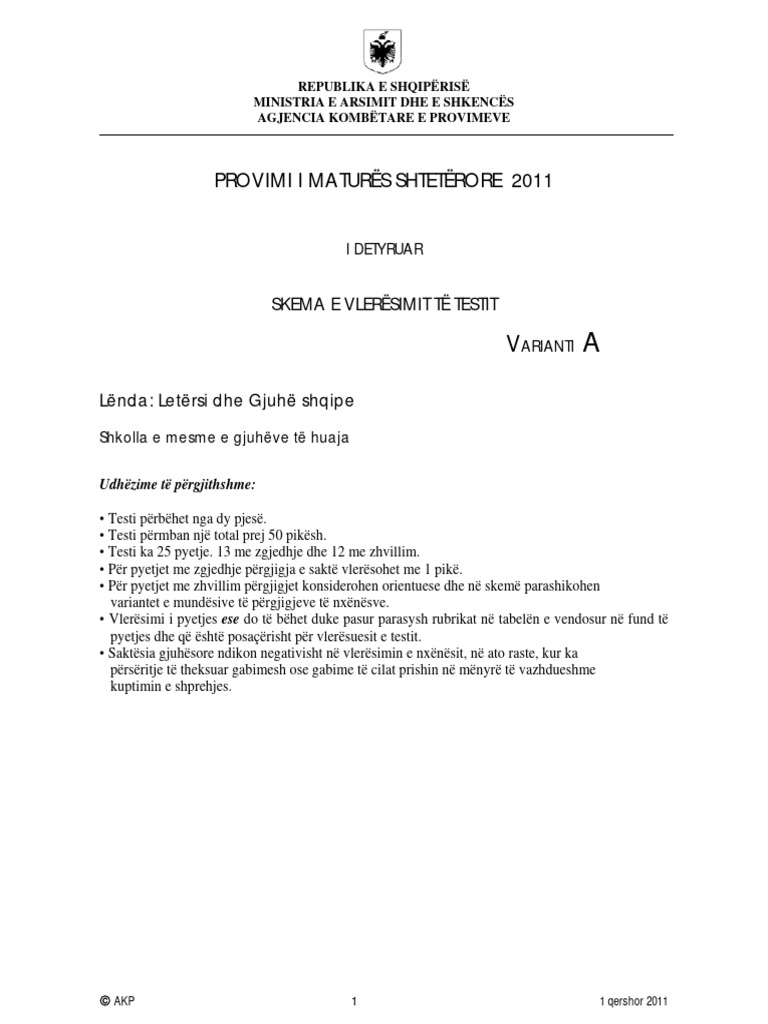 L. PORADECI KENGE PLEQERISHTE Skema e Vleresimit Profili Gjuhe e Huaj - Varianti A | PDF