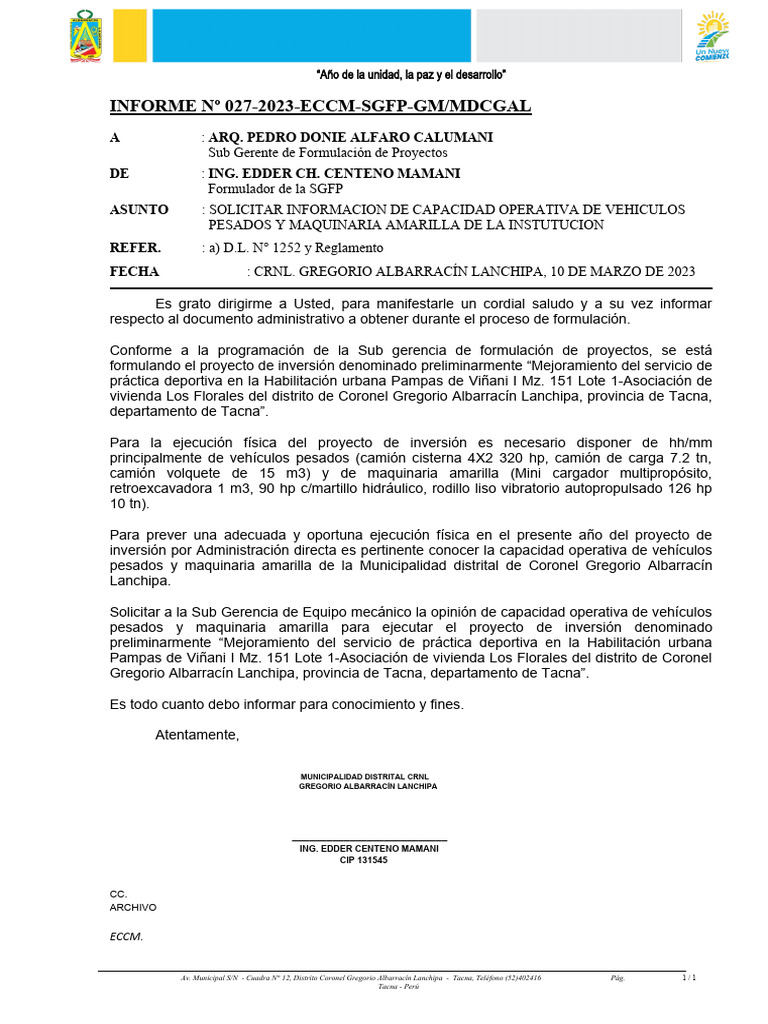 Informe 027-2023-SGFP-MDCGAL, Pedido de Capacidad Operativa de ...