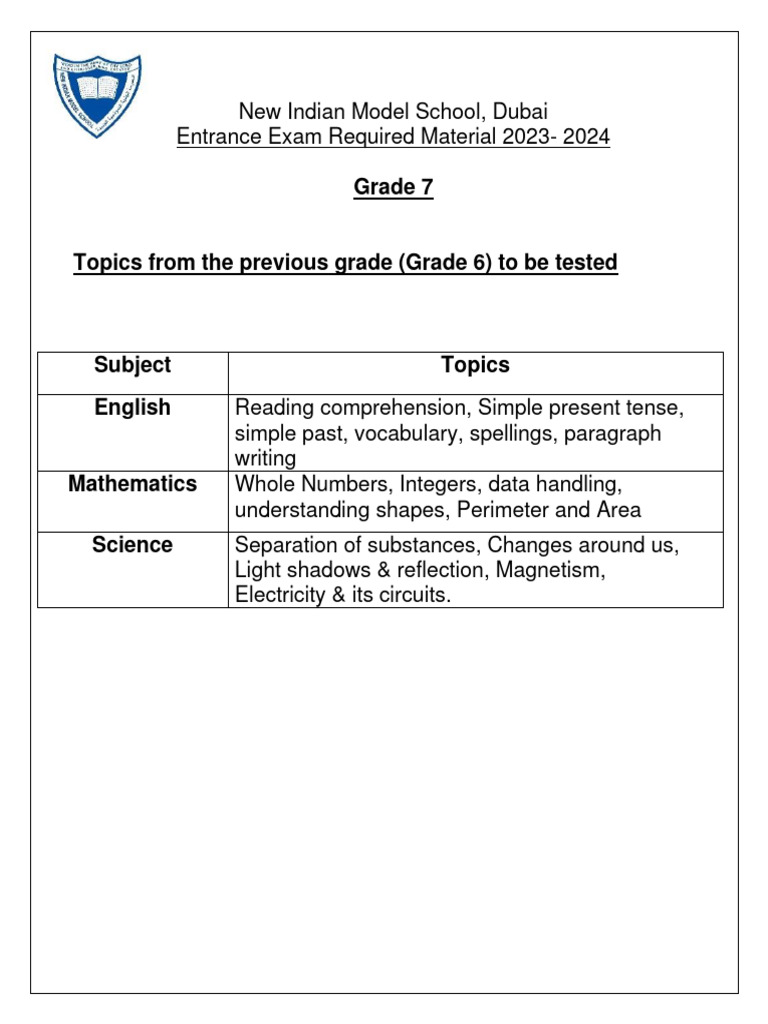 Grade 7 Entrance Exam Guide 2023-24 | PDF