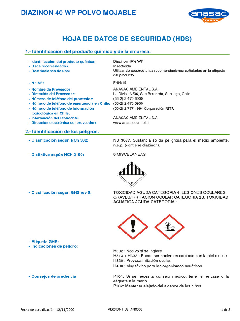 Diazinon Hoja de Seguridad | PDF | Agua | Toxicidad