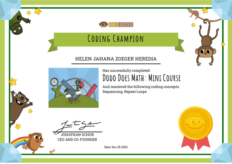 Dodo y Matemáticas - Hora de Código Certificate | PDF