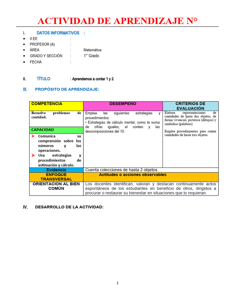 Sesion Aprendemos A Contar 1 y 2 | PDF | Evaluación | Aprendizaje