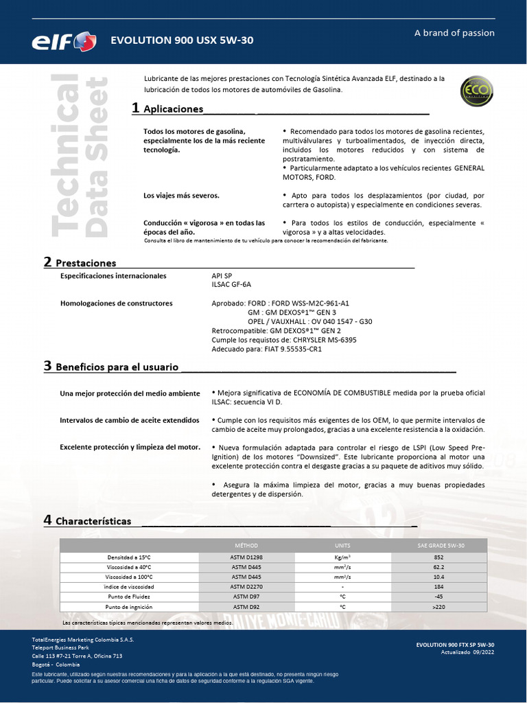 TDS - Elf - Evolution 900 Usx 5W-30 - Dxe - 202209 - Es - Col | PDF | Motores generales | Lubricante