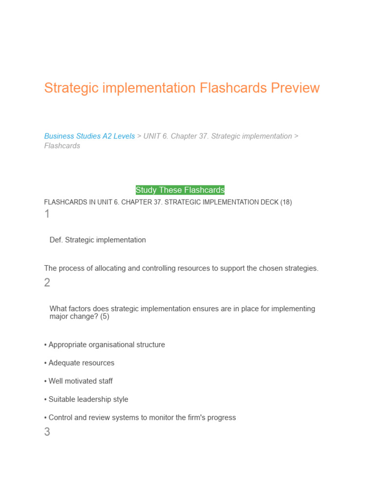 Strategic Implementation Flashcards Preview | PDF | Business Plan | Organizational Culture