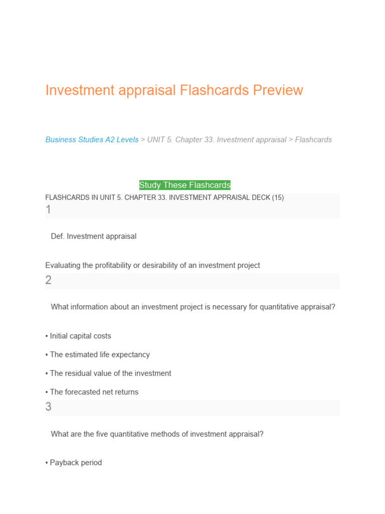 Investment Appraisal Flashcards Preview | Download Free PDF | Net ... Investment Appraisal Flashcards Preview | Download Free PDF | Net ...