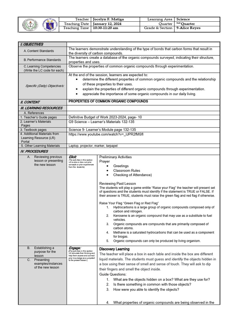Properties of Organic Compounds Lesson Plan | PDF | Hydrocarbons | Learning