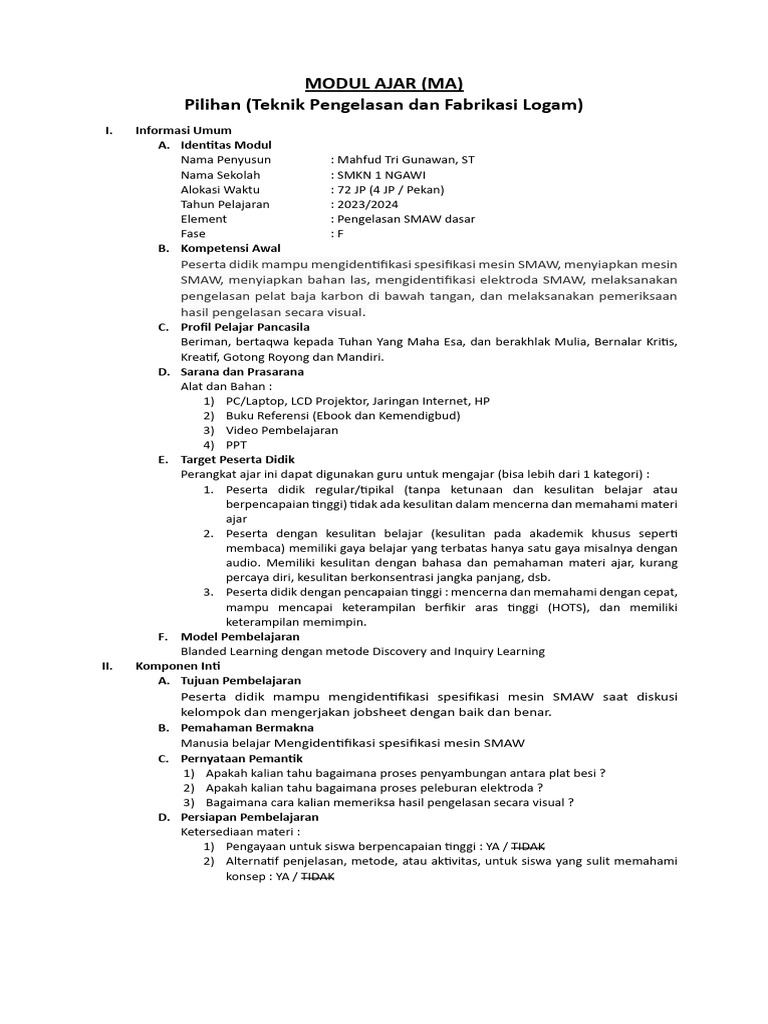 MODUL AJAR Pengelasan SMAW Dasar | PDF