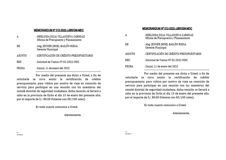 Memorandum #012 CPP Viatico Herly | PDF