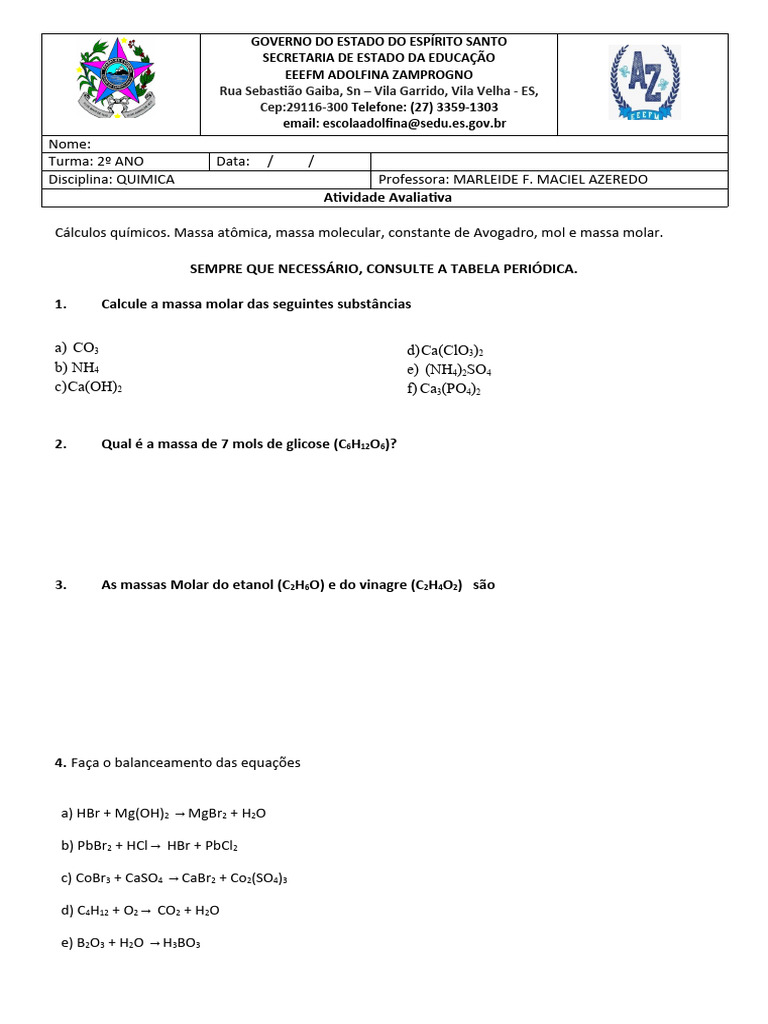 Química Atividade 1 Download Grátis Pdf Mistura Substancias