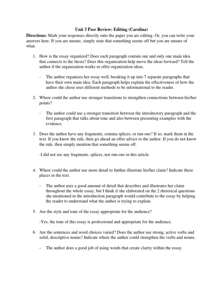 Unit 3 Peer Review Editing Rhetorical Analysis Carolina 1 | PDF ...