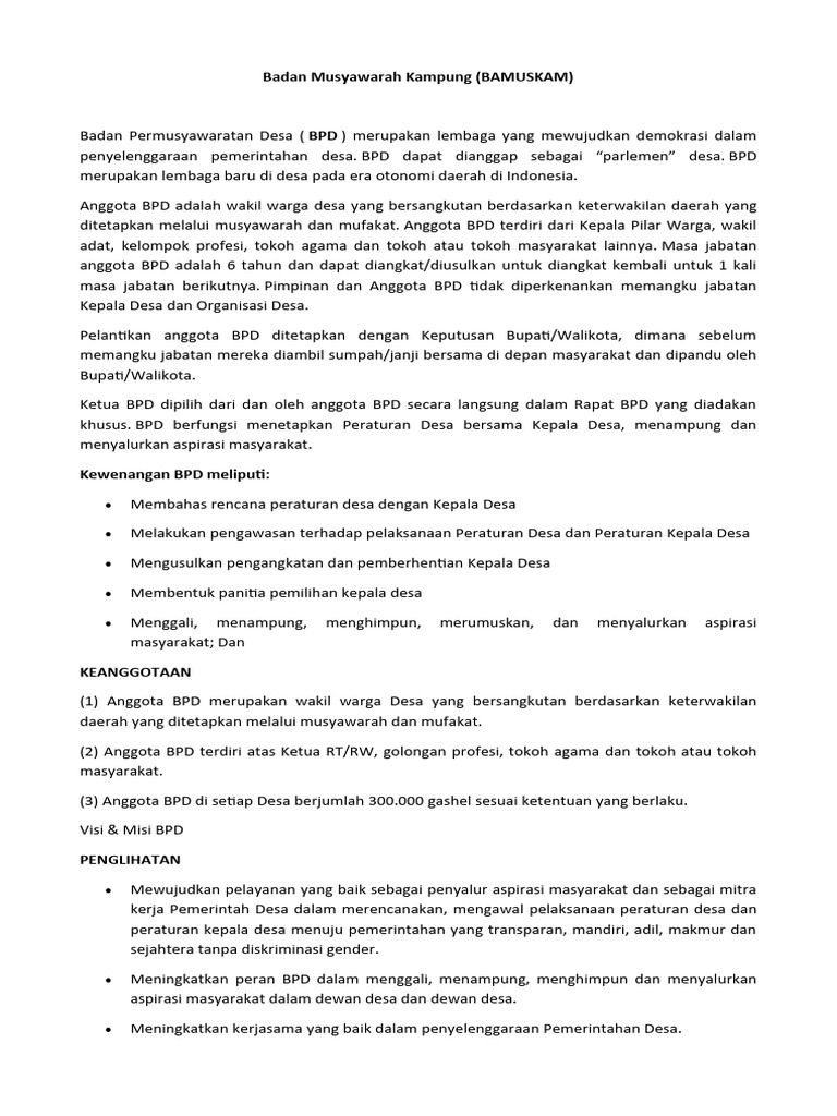 Fungsi Dan Tugas Badan Musyawarah Kampung | PDF