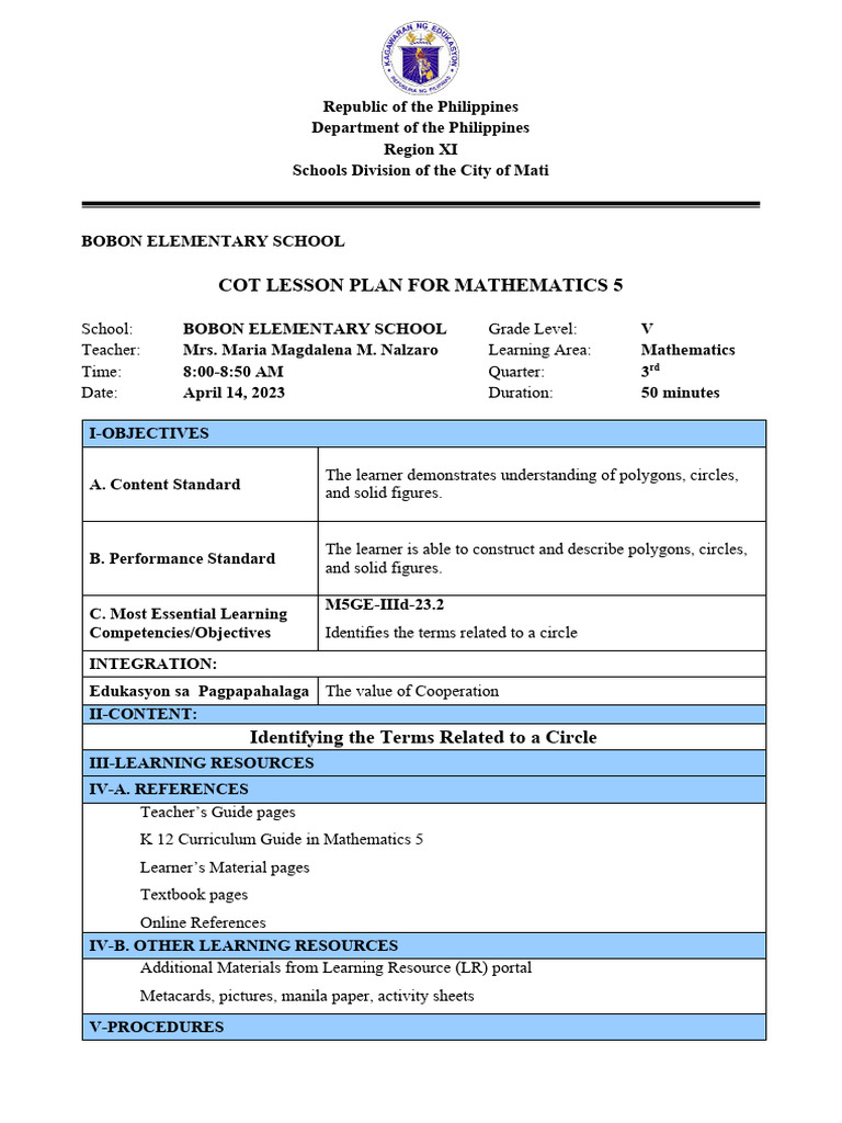 COT MATH 5 (3rd Quarter) | PDF | Circle | Diameter