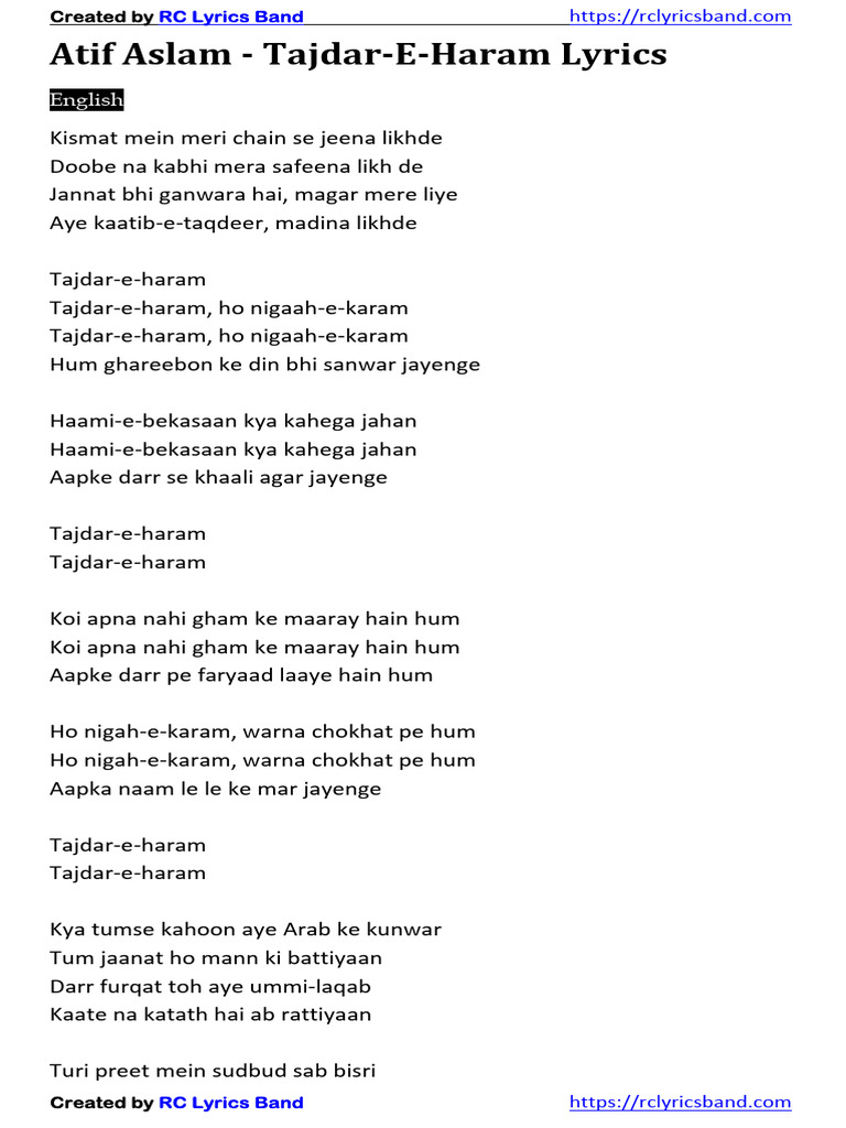 Atif Aslam - Tajdar-E-Haram Lyrics | PDF