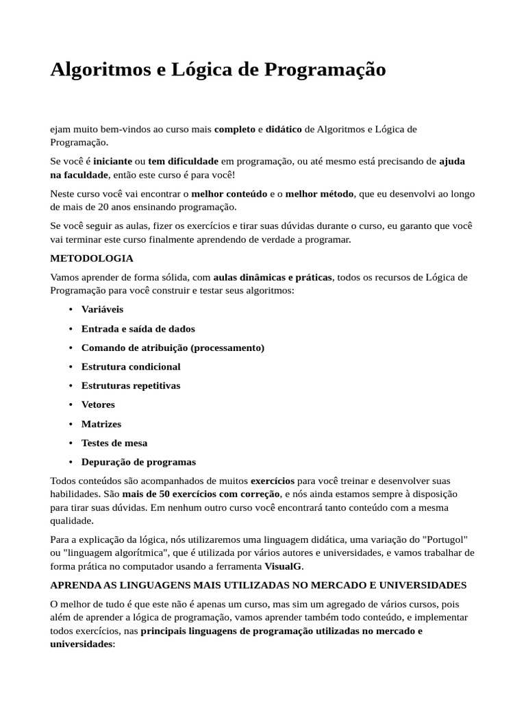 Algoritmos e Lógica de Programação | Download grátis PDF | Algoritmos ...
