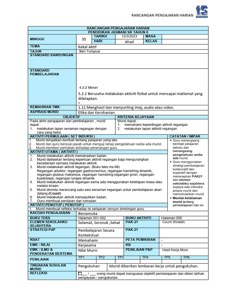 RPH Minggu 35 Pendidikan Jasmani THN 6 2023 by Cikgu Gorgeous | PDF